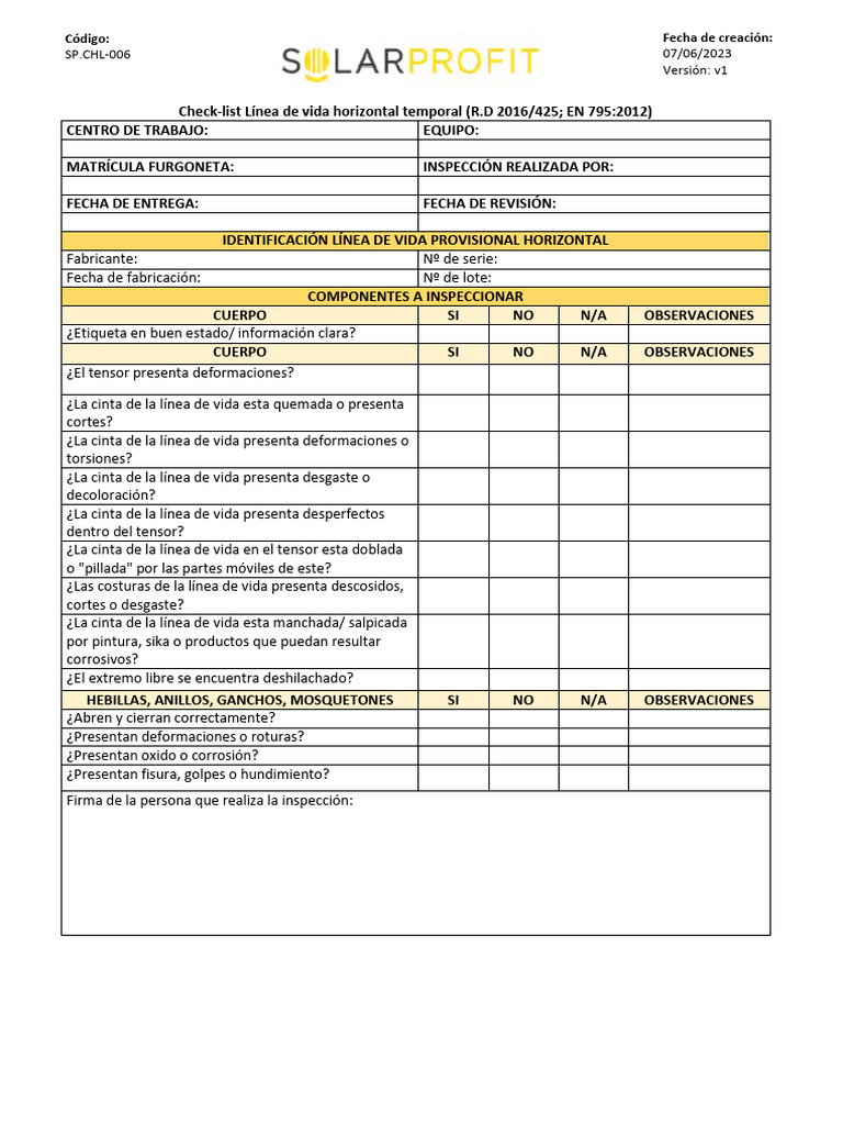 Check-list Inspección Línea de Vida Horizontal | PDF