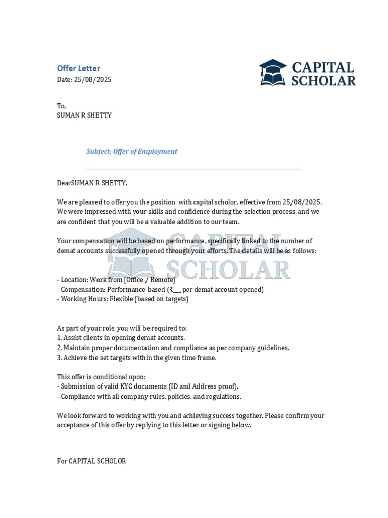 Employment Offer Letter for Suman Shetty | PDF