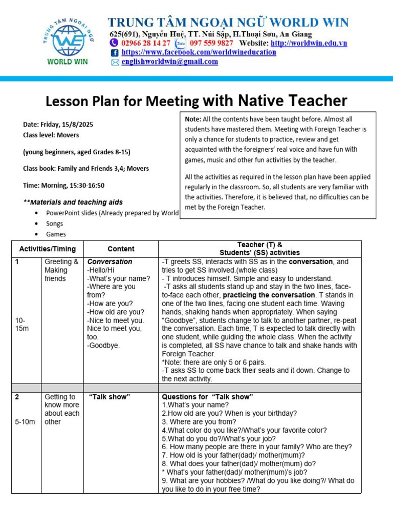 Lesson Plan: Engaging with Native Teacher | PDF | Teachers