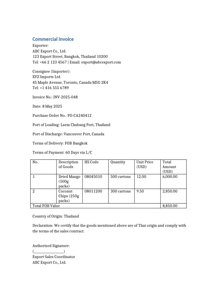 Sample Commercial Invoice Template | PDF