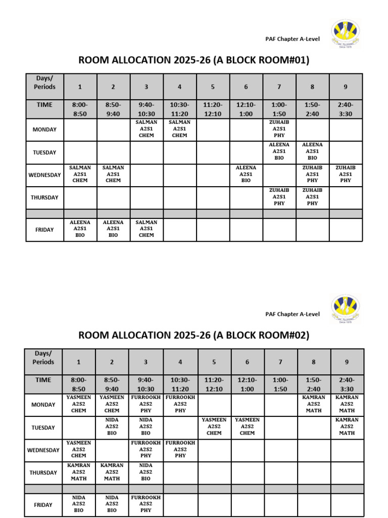 A-Level Room Allocation 2025-26 | PDF