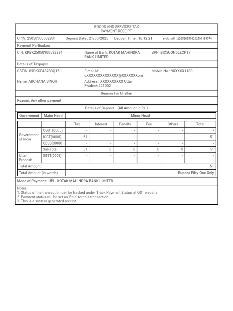GST Payment Receipt for Archana Singh | PDF