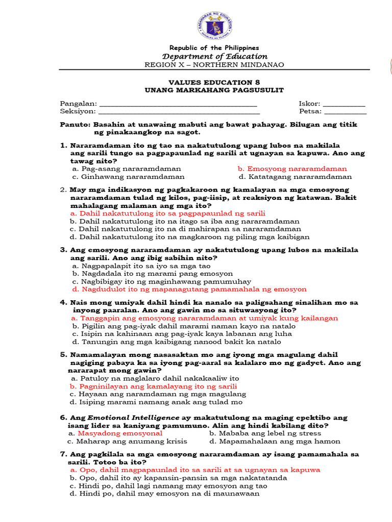 VE 8 1stQ RUQA Answer Key | PDF