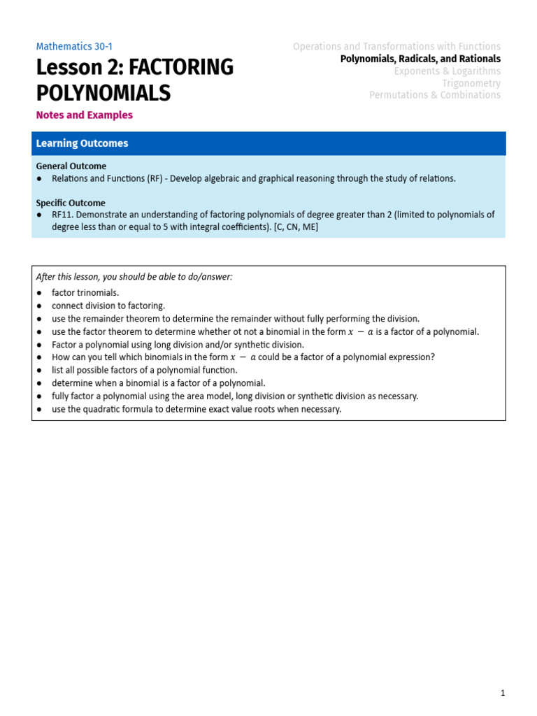 Lesson 7 Factoring Polynomials Pdf Factorization Polynomial 0523