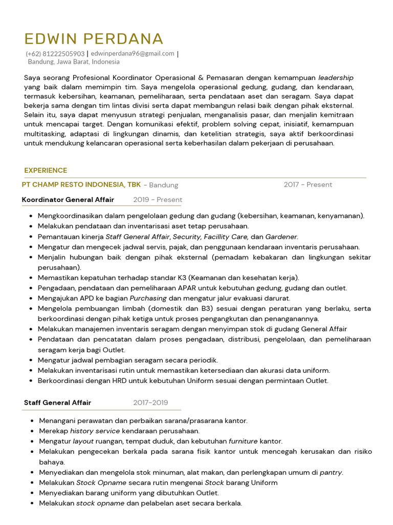 CV Edwin Perdana: Koordinator Operasional | PDF