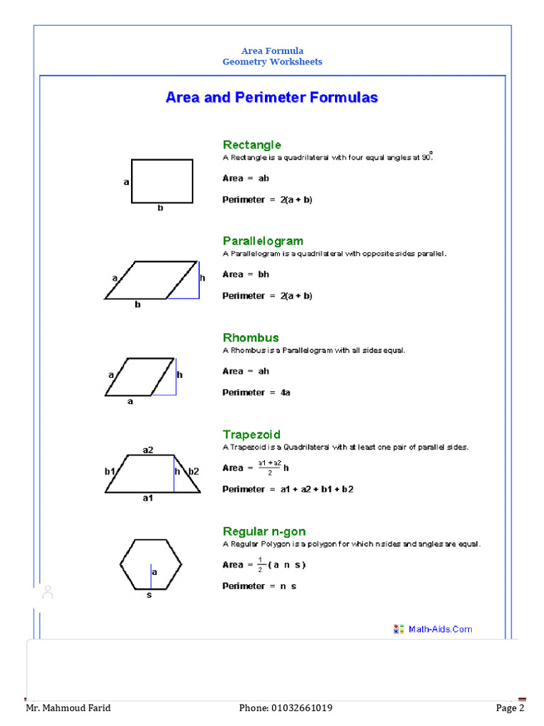 Geometry Area Formula Worksheets | PDF