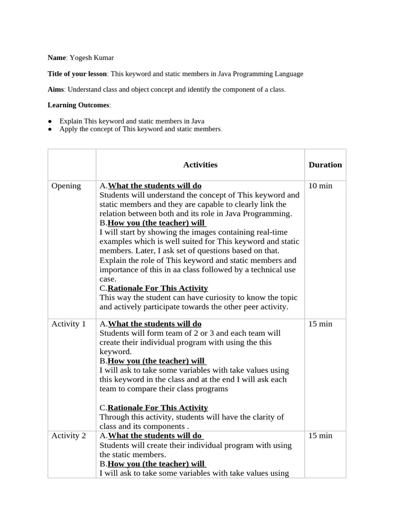 Lesson Plan - This Keyword and Static Members | PDF | Reserved Word ...