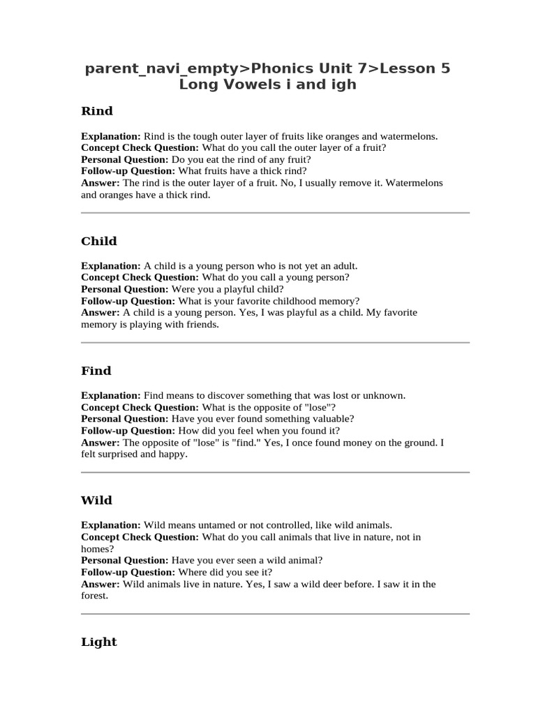 Phonics Unit 7-Lesson 5 Long Vowels I and Igh | PDF