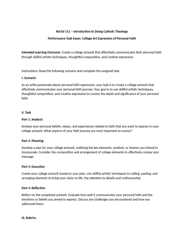 Prelim Performance Task Rubrics | PDF | Faith | Creativity