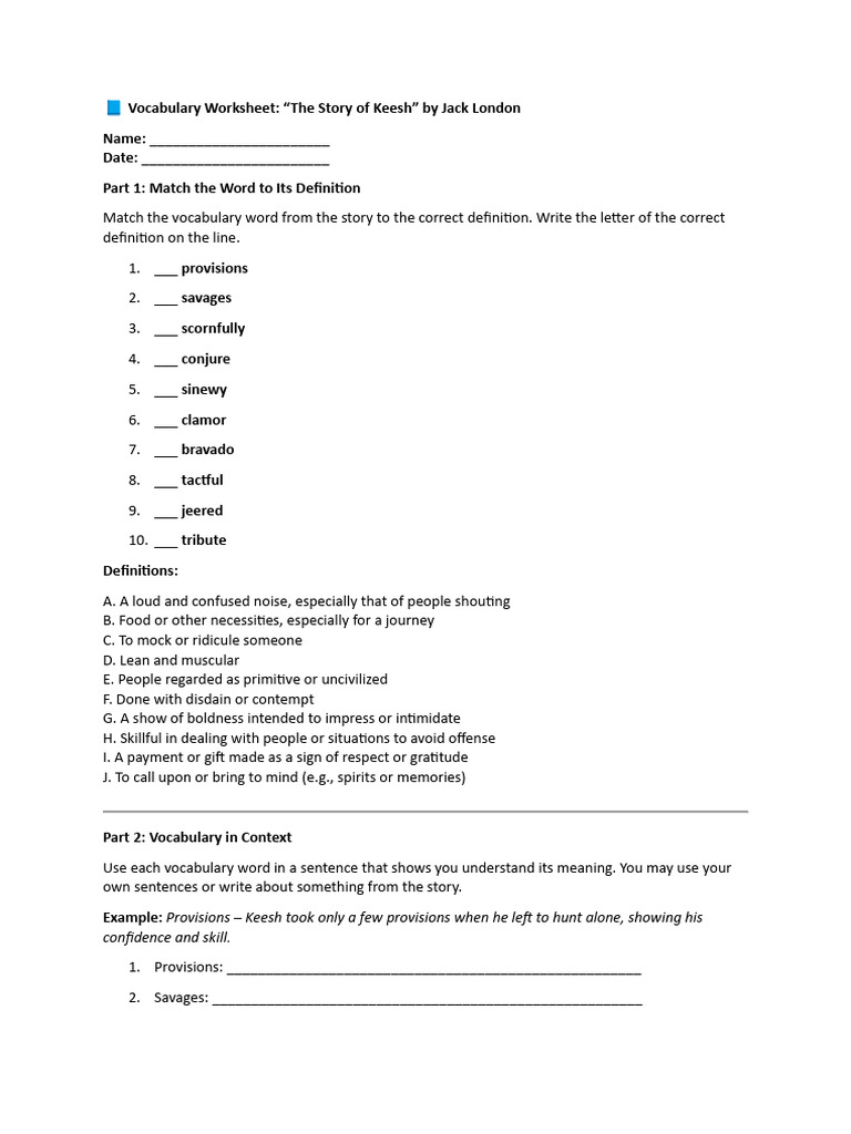 Vocabulary Worksheet for "The Story of Keesh" | PDF | Hunting | Justice
