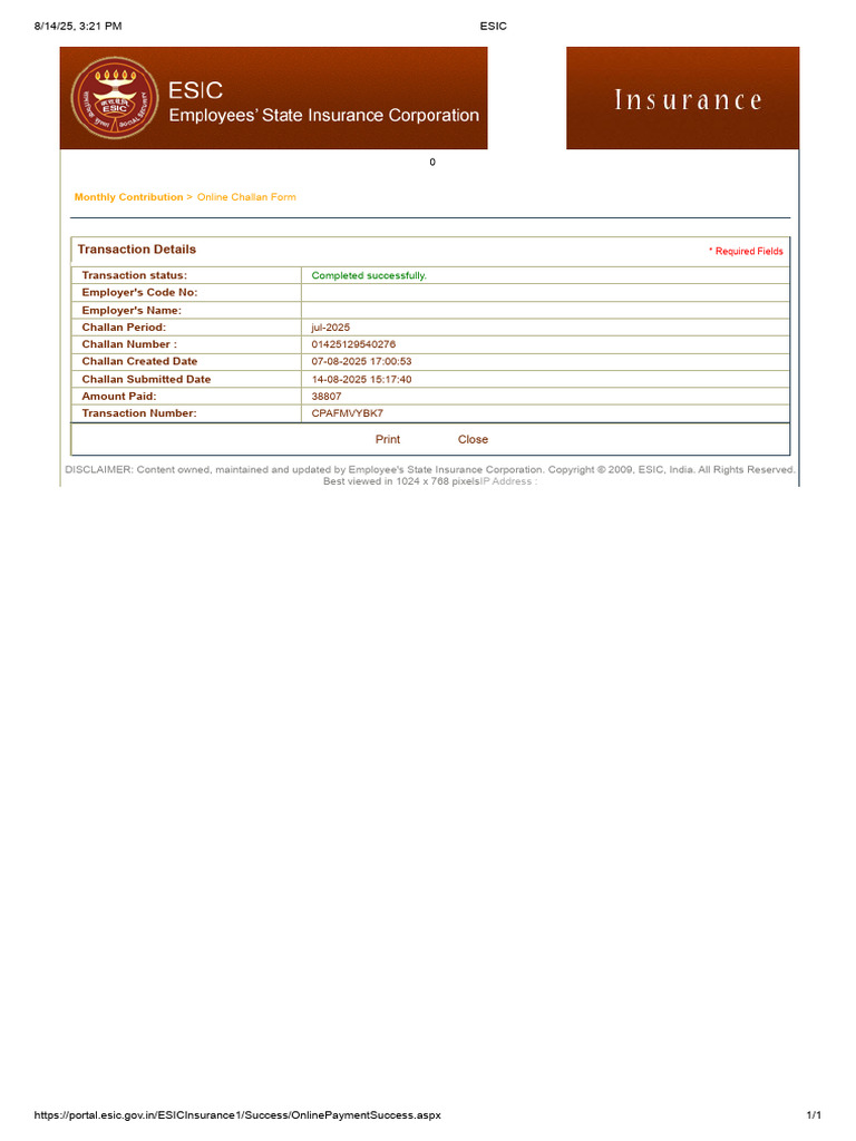 Esic Payment Challan July 25 | PDF