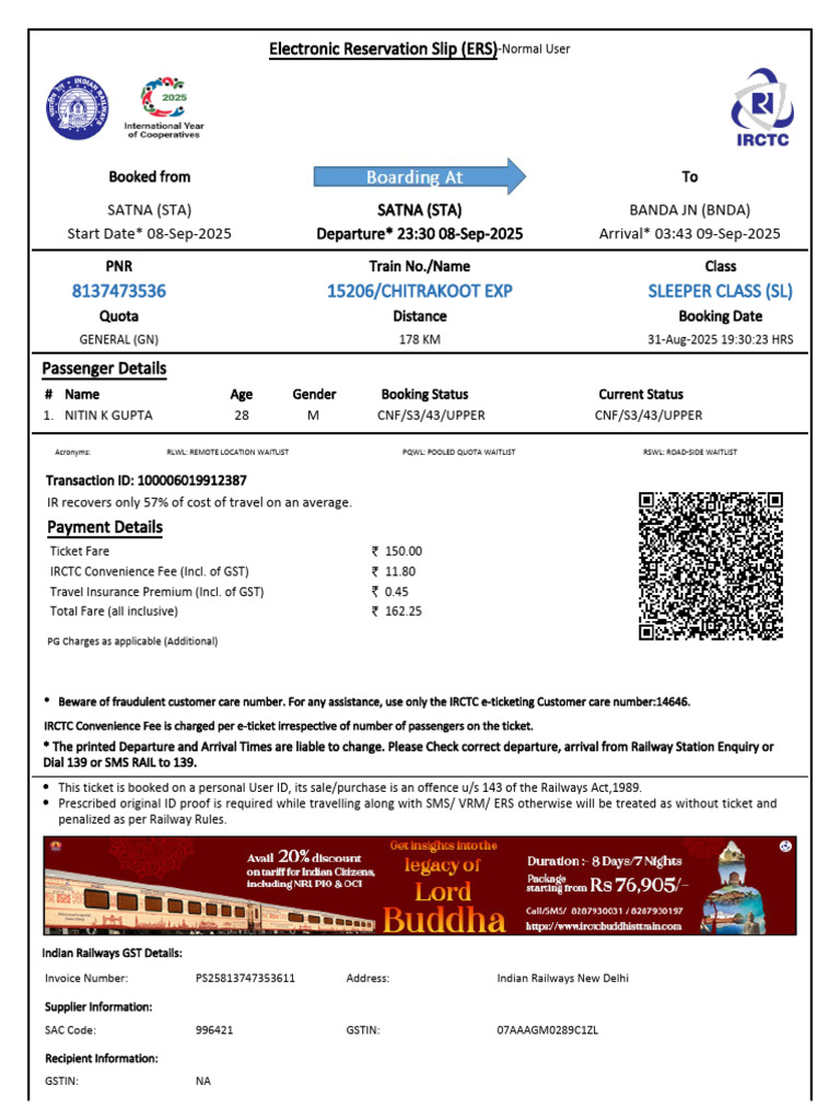 15206/chitrakoot Exp Sleeper Class (SL) | PDF | Identity Document ...