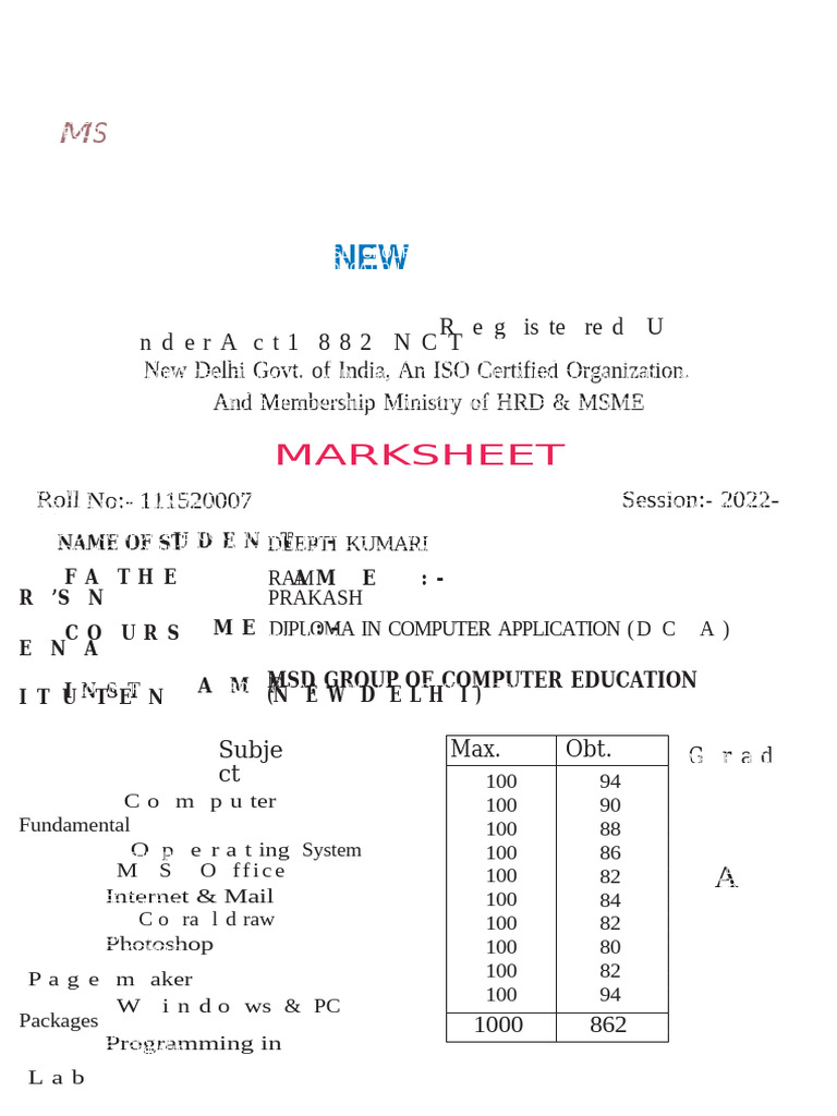 DCA Marksheet | PDF