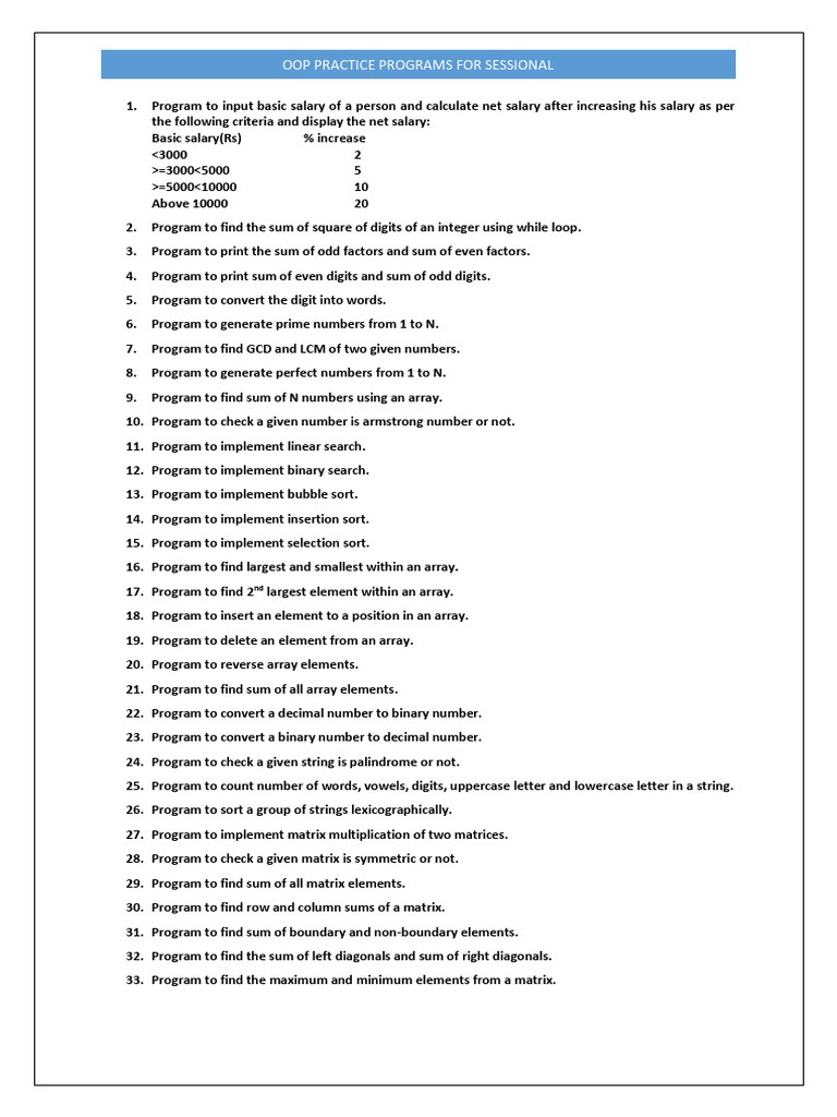 Sessional OOP 60 Practice Programs | PDF