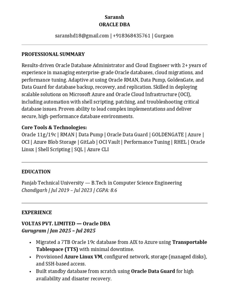 Oracle DB Saransh Resume | PDF | Databases | Microsoft Azure