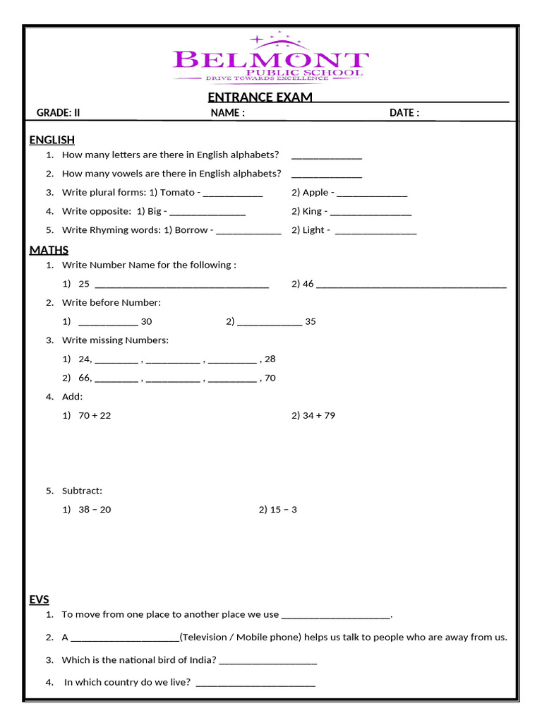 Grade-2 Entrance Exam Paper-2025 | PDF