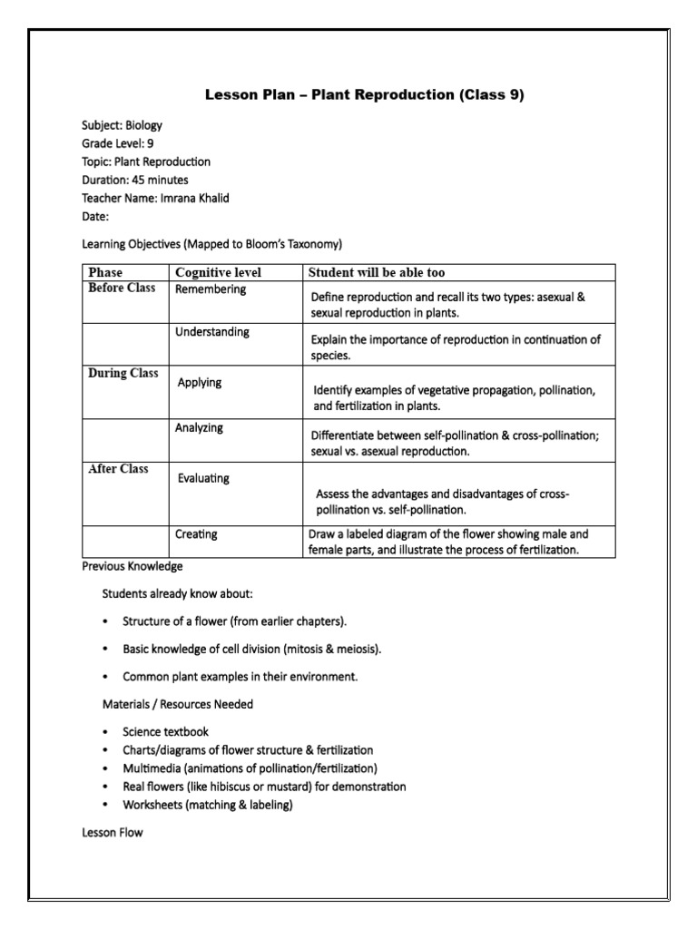 Plant Reproduction Lesson Plan for 9th Grade | PDF | Reproduction ...