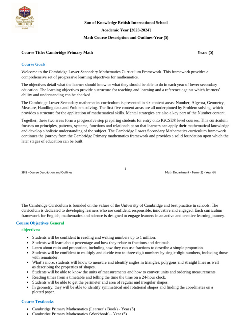 Year 5 Cambridge Math Course Outline | PDF | Curriculum | Mathematics