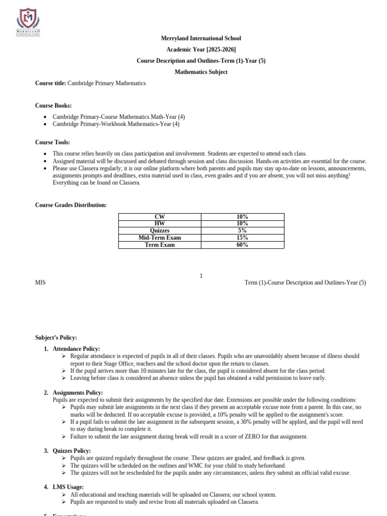 Year 5 Mathematics Course Outline | PDF | Area | Triangle