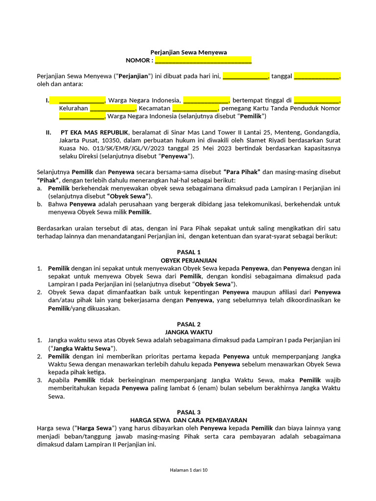 2022 04 21 Draft Template Perjanjian Sewa Kios PoP | PDF
