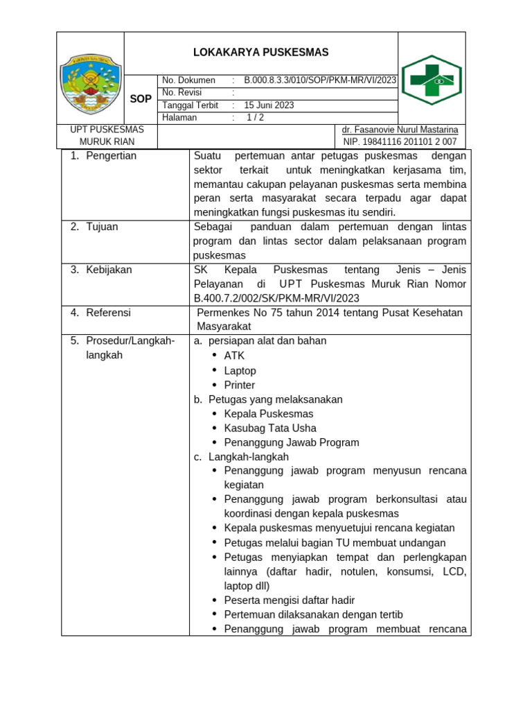 Prosedur Lokakarya Puskesmas Muruk Rian | PDF