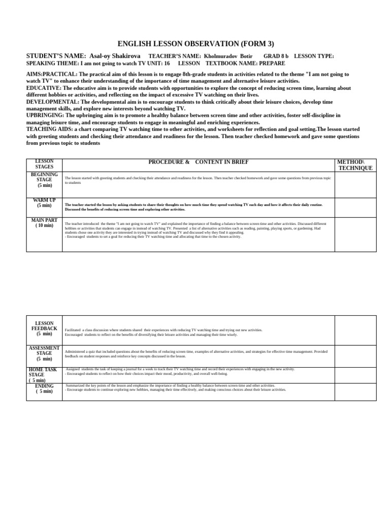 8th Grade English Lesson on Screen Time | PDF | Teachers | Hobbies