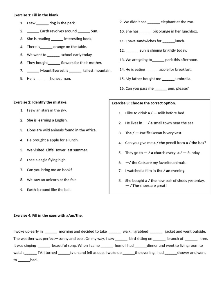 Grammar Exercises: Articles and Gaps | PDF