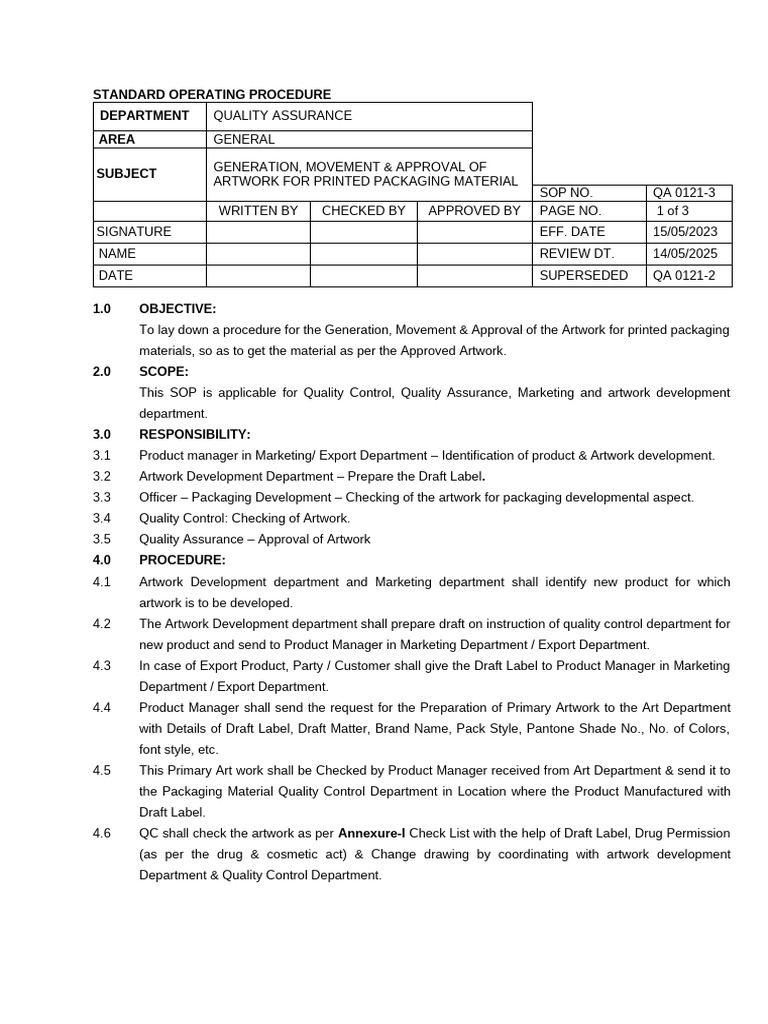 Artwork Approval SOP for Packaging | PDF | Photocopier | Quality Assurance