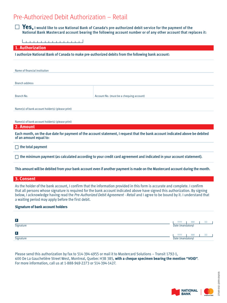 National Bank Pre-Authorized Debit Form | PDF | Debit Card | Payments