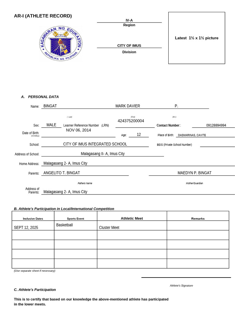 Athlete Record for Mark Davier Bingat | PDF