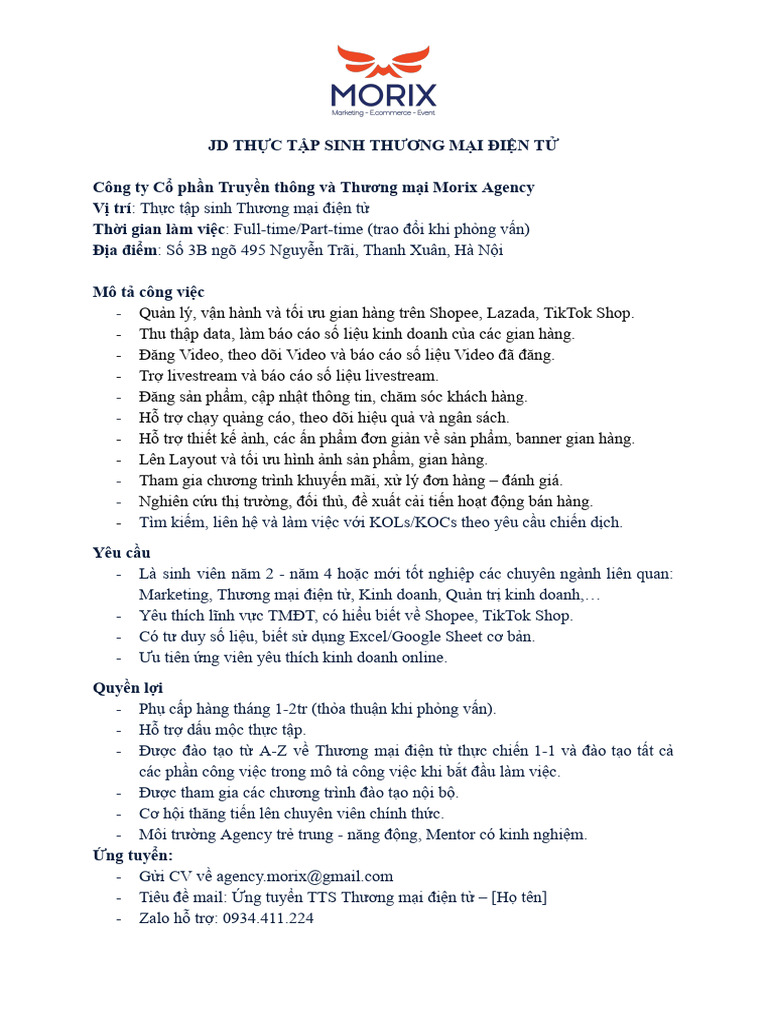 (Morix) JD Thực Tập Sinh Thương Mại Điện Tử | PDF