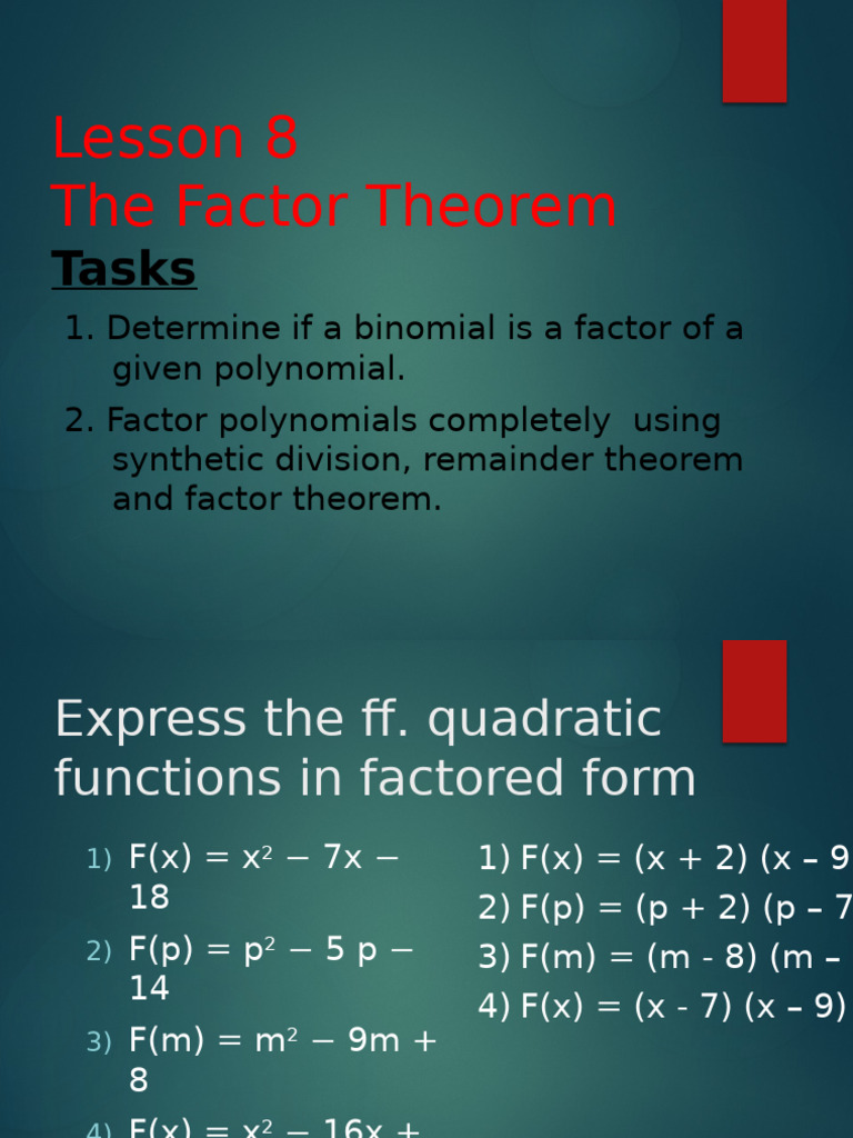Factor Theorem in Polynomial Functions | PDF