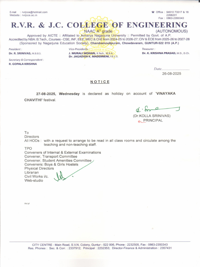 Notice - Vinayaka Chavithi - Holiday On 27.8.2025 | PDF