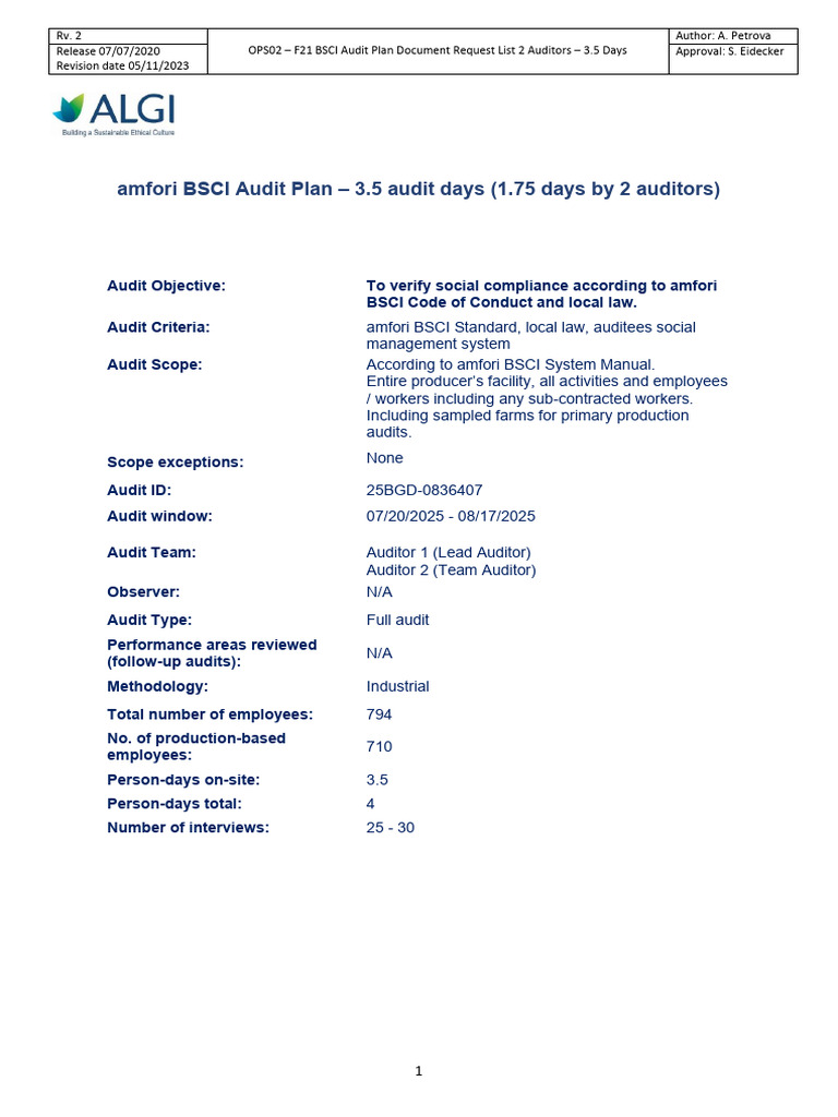 25BGD-0836407 - F21 Amfori BSCI Audit Plan Document Request List | PDF ...