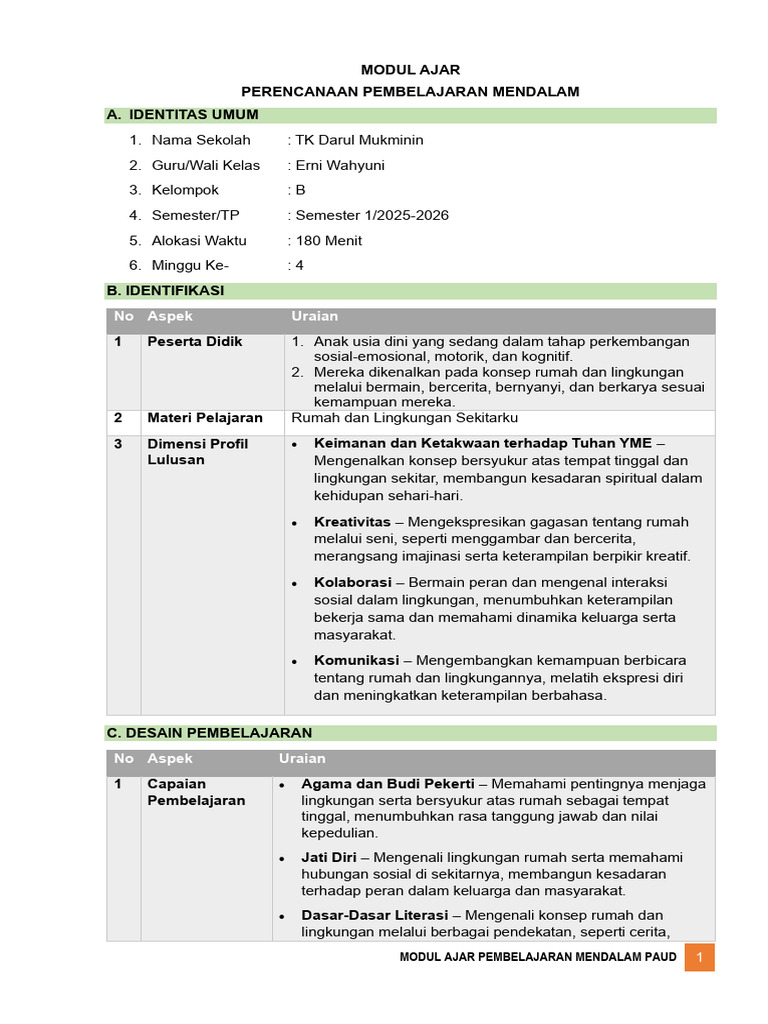 Modul Ajar PAUD: Rumah dan Lingkungan | PDF