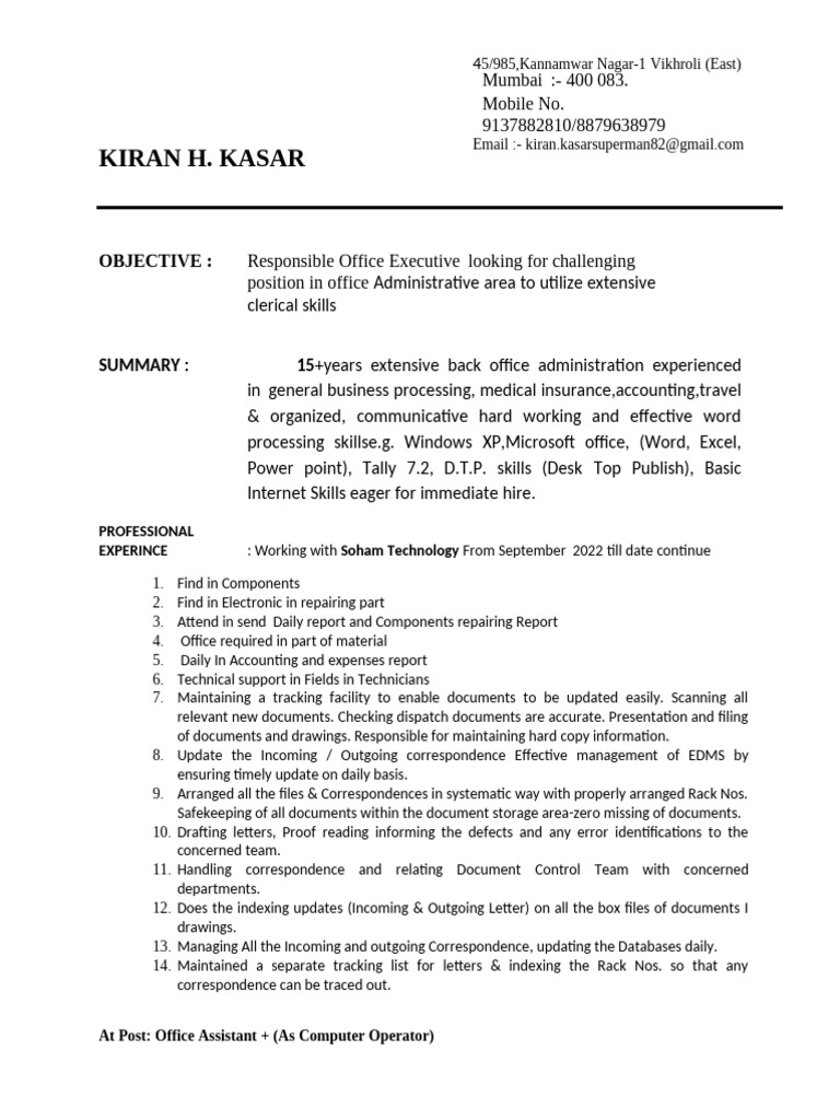Office Executive Resume - Kiran H. Kasar | PDF | Computing