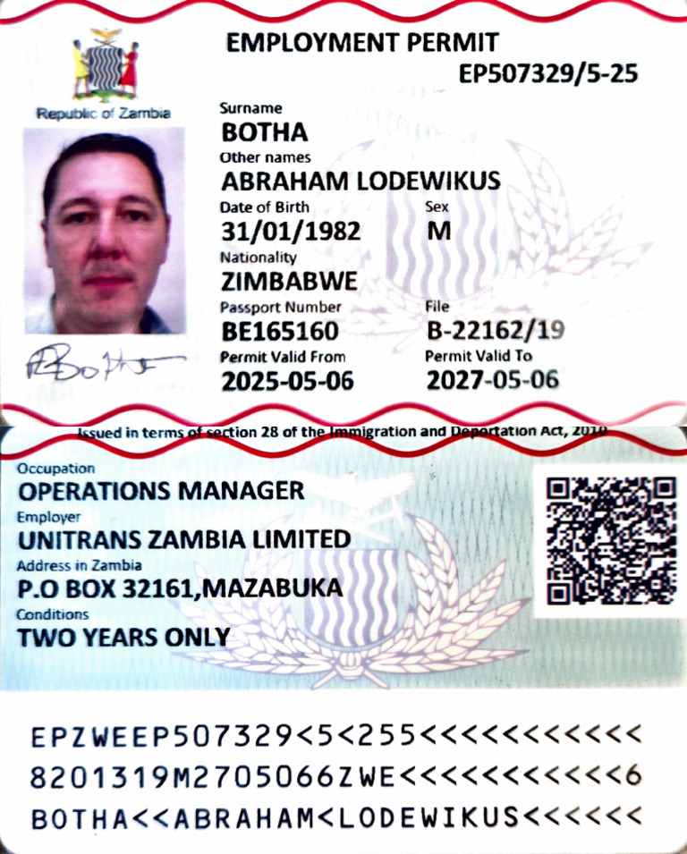 Zambia Employment Permit for Botha | PDF