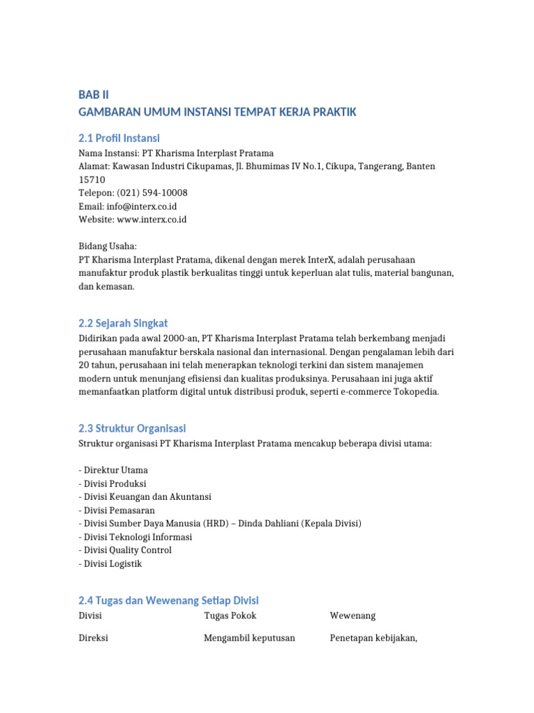 Laporan KP Bab II PT Kharisma Interplast | PDF
