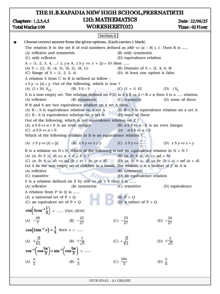 Practice Worksheet Std12 (22!08!2025) | PDF | Number Theory | Mathematics