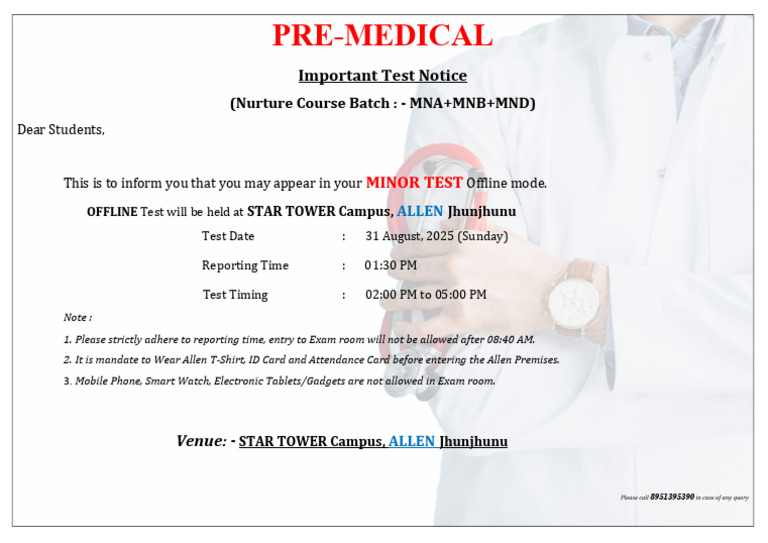 31 08 2025 - Neet Nurture - Test Notice | PDF