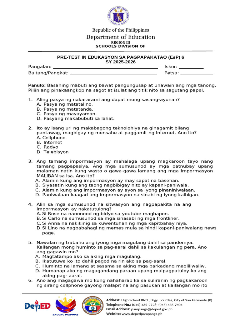 Pre Test Esp6 | PDF
