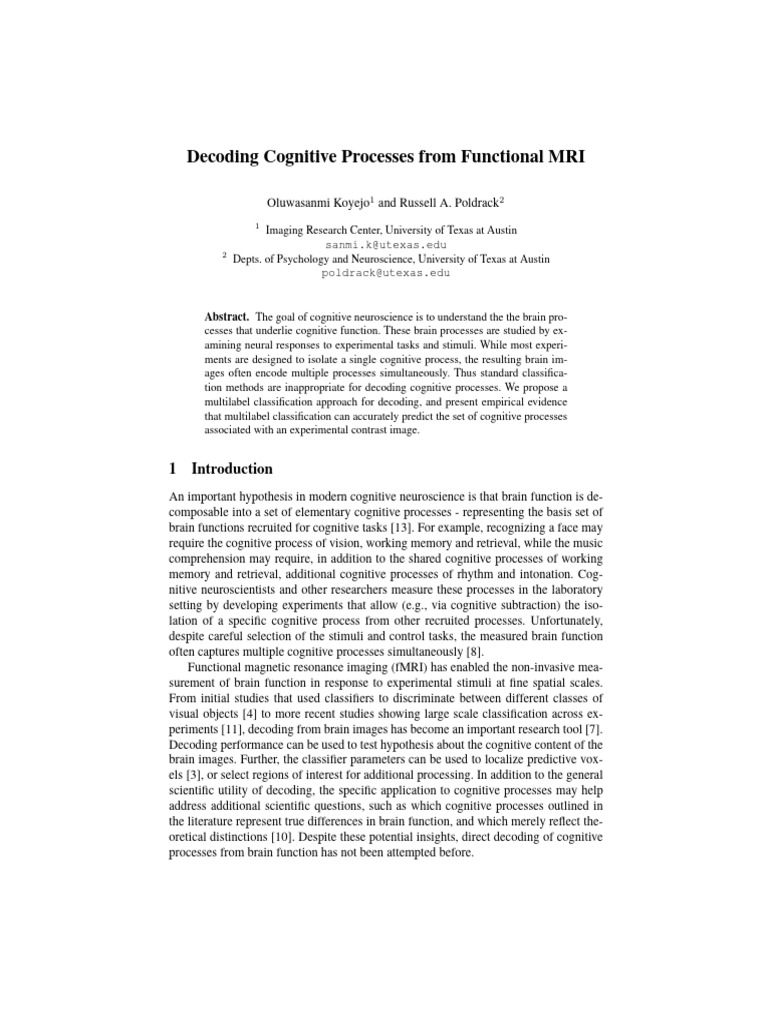 Koyejo Poldrack Decoding Cognitive Processes From Functional MRI | PDF | Functional Magnetic ...