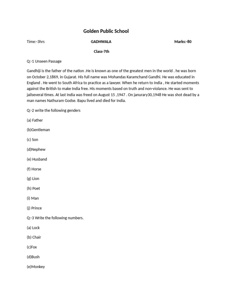 Class 7th Examination Paper | PDF