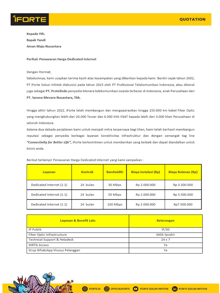 Penawaran Harga Dedicated Internet IForte - Aman Maju Nusantara | PDF