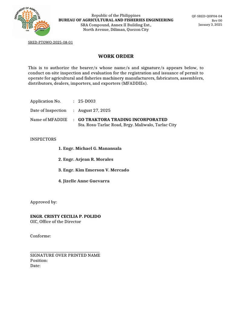 Work Order - Go Traktora Trading Incorporated | PDF