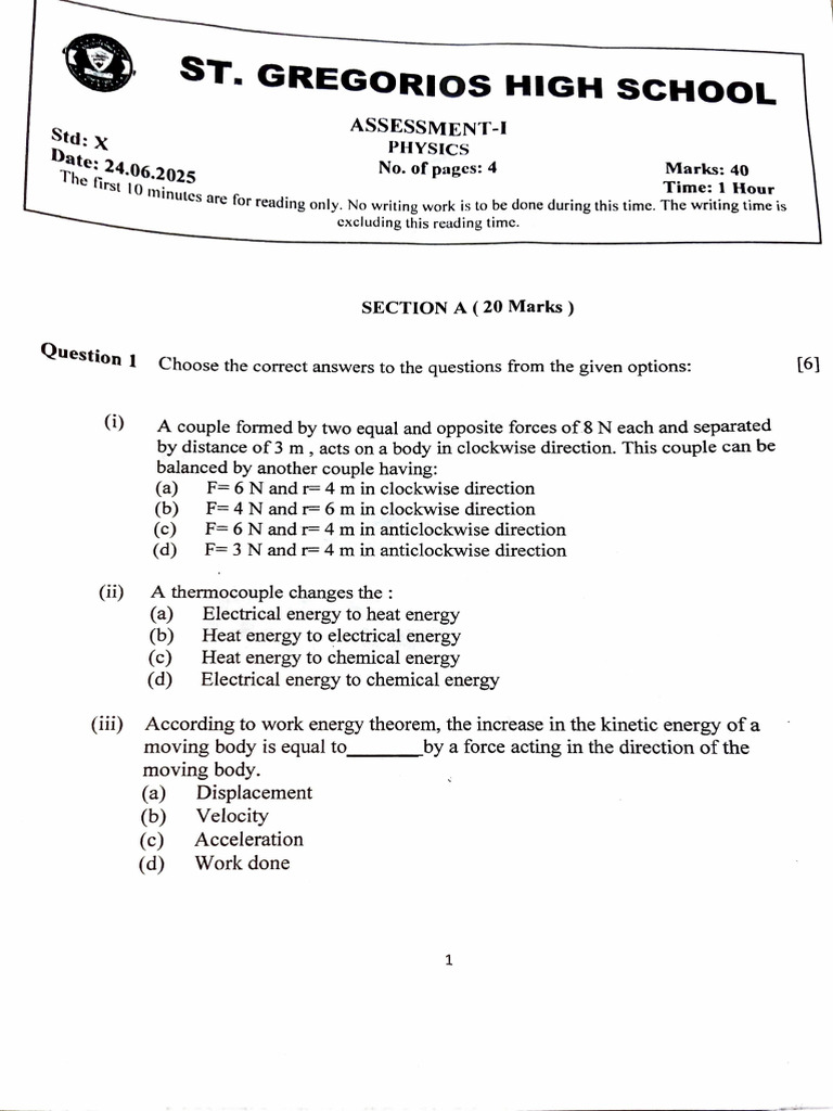 St. Gregorios High School Physics Assessment | PDF | Physical ...