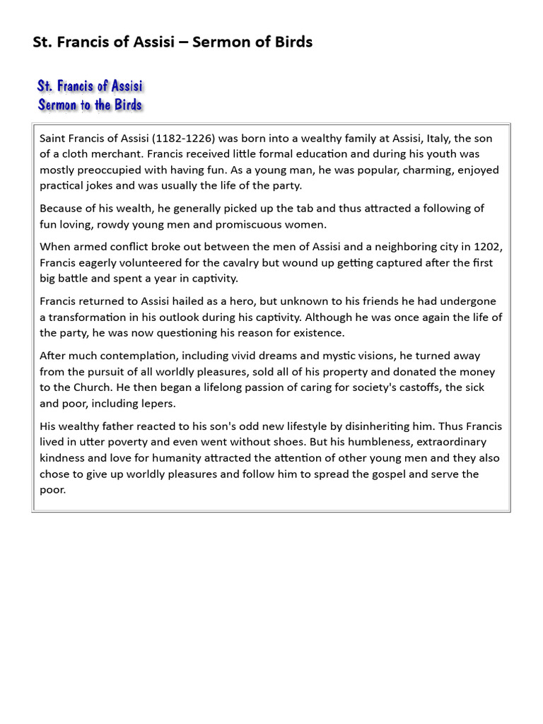 St. Francis' Sermon to the Birds | PDF | Francis Of Assisi