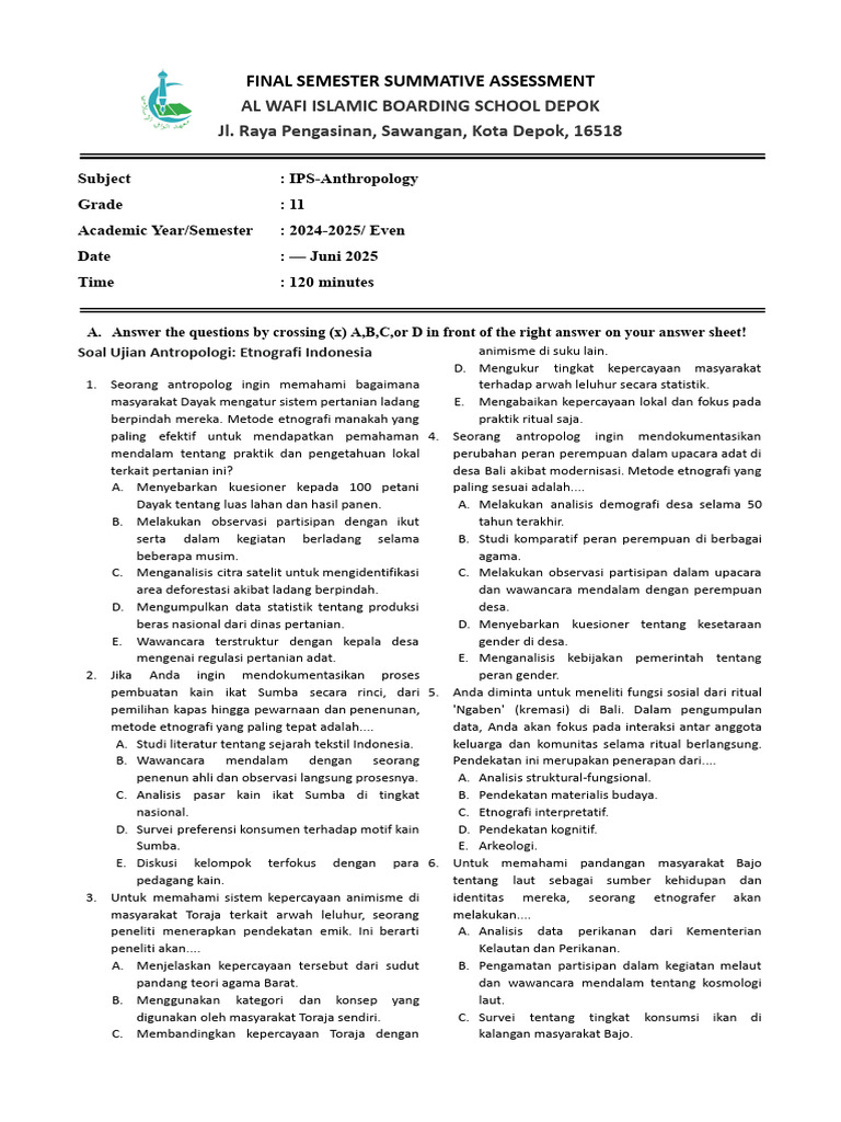 Soal ASAT Antropologi kelas 11 (fix) | PDF