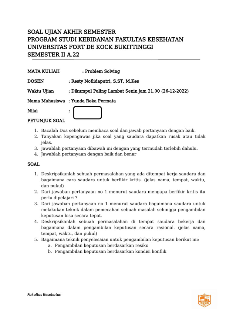 Jawaban Uas Problem Solving - Yunda Reka Permata | PDF