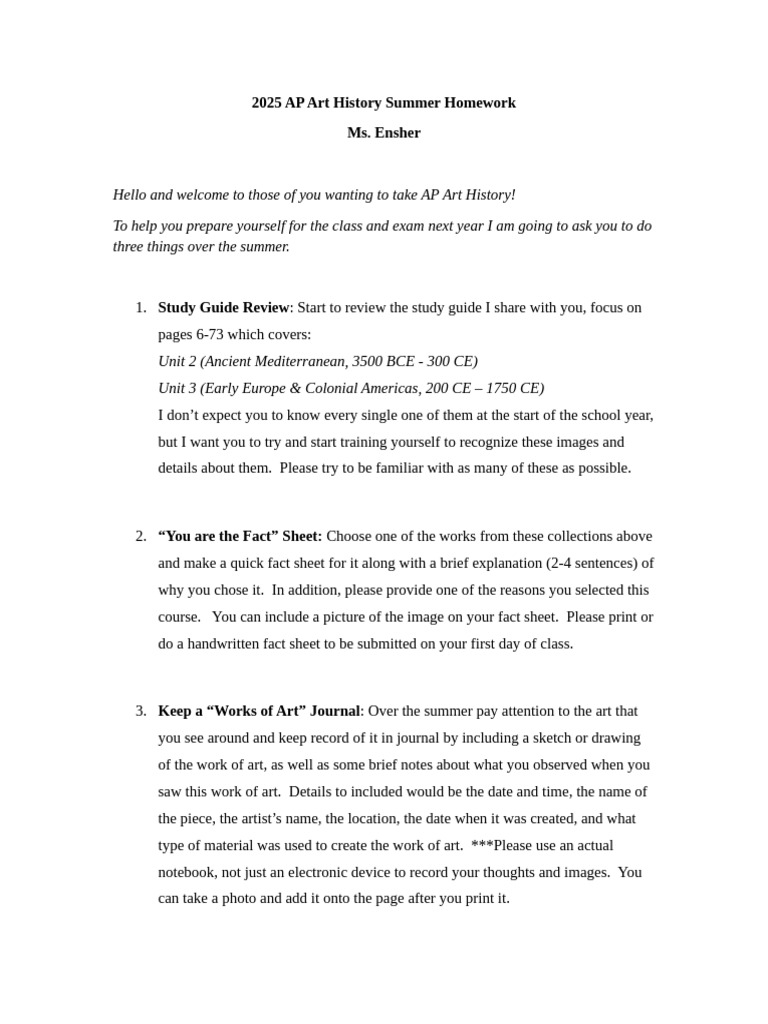 2025 AP Art History Summer Homework | PDF